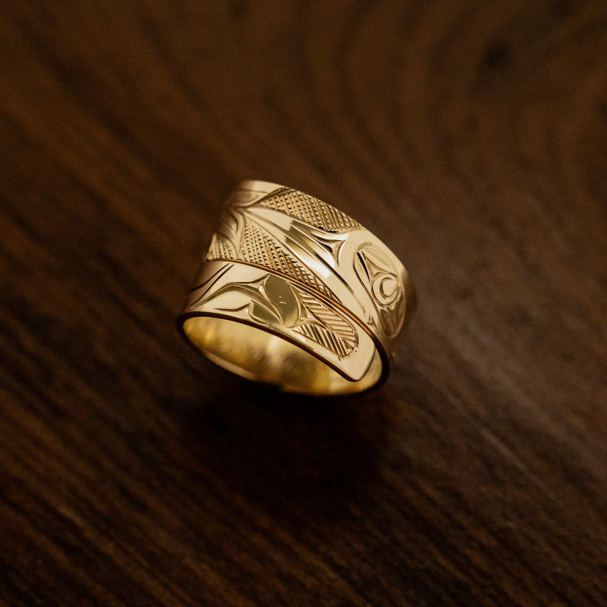 Wide 14K Gold Hummingbird Wrap Haida Ring by James Sawyer | Crystal ...